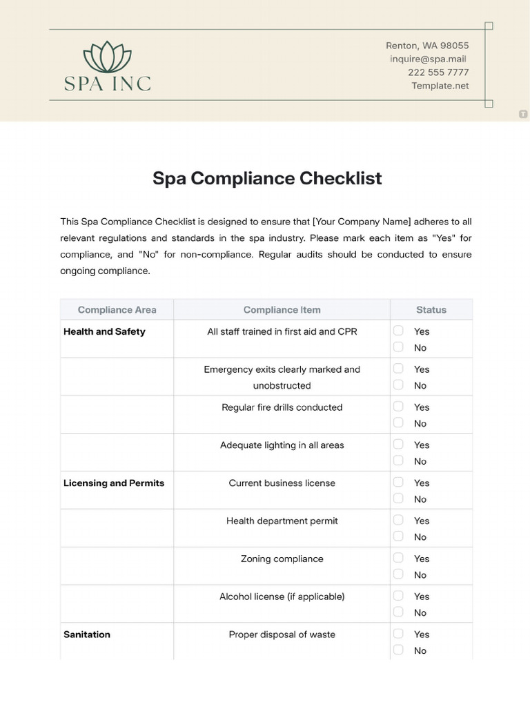 Spa Compliance Checklist Template | PDF