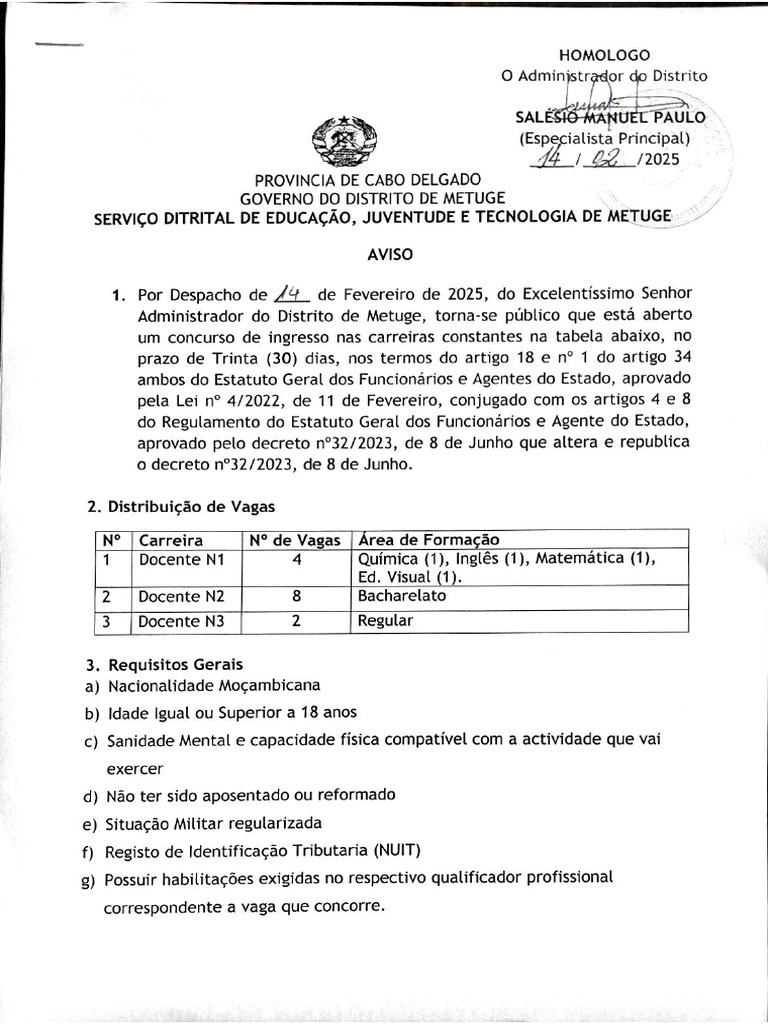 Aviso de Concurso de Ingresso SDEJT Metuge | PDF