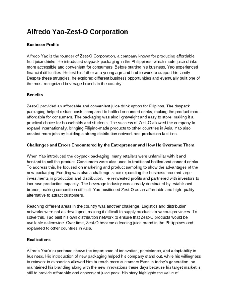 Alfredo Yao-Zest-O Corporation | PDF | Brand | Business Process