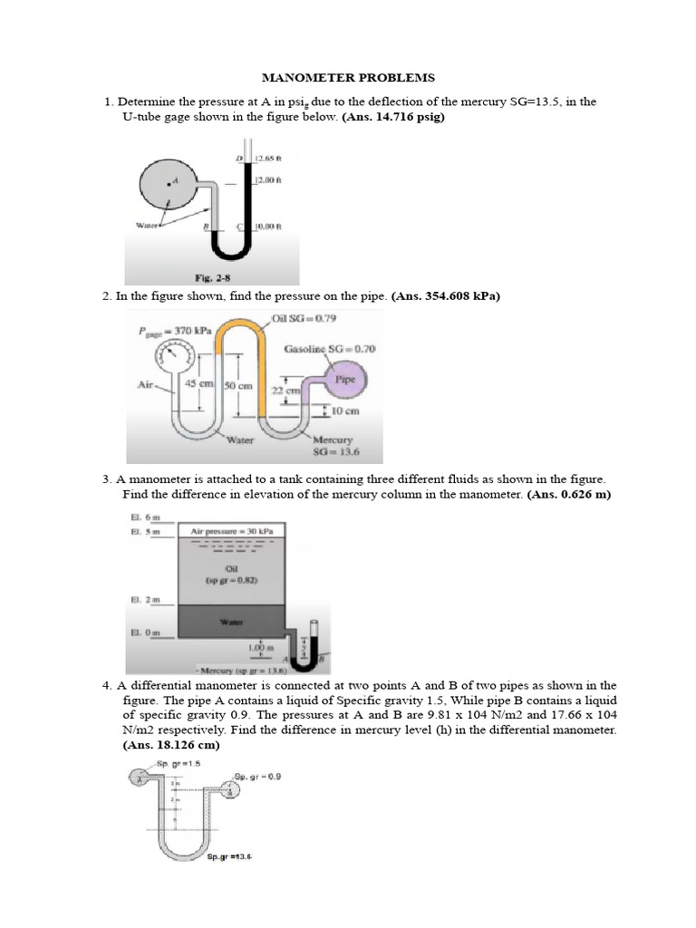 Manometer Problems Answer Key | PDF