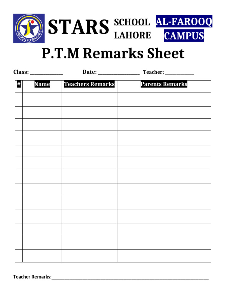 PTM Remarks Sheet | PDF