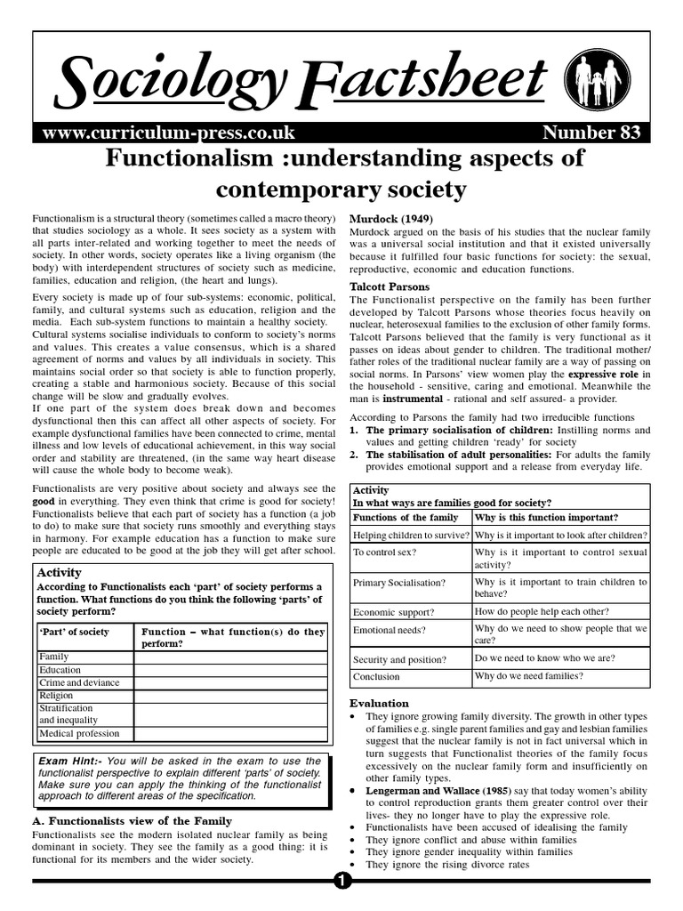 Sociology Factsheet - Functionalism | PDF | Sociology | Deviance ...