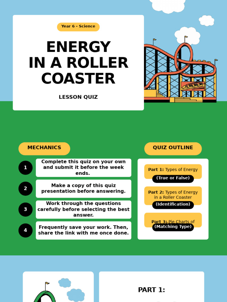 Energy in A Roller Coaster Quiz Presentation in Blue Green Flat Cartoon Style | PDF | Potential ...