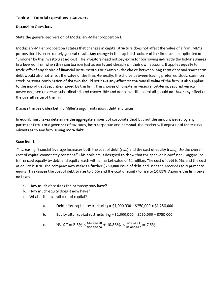 Topic 8 tutorial solutions v2-1-1 | PDF | Cost Of Capital | Capital ...