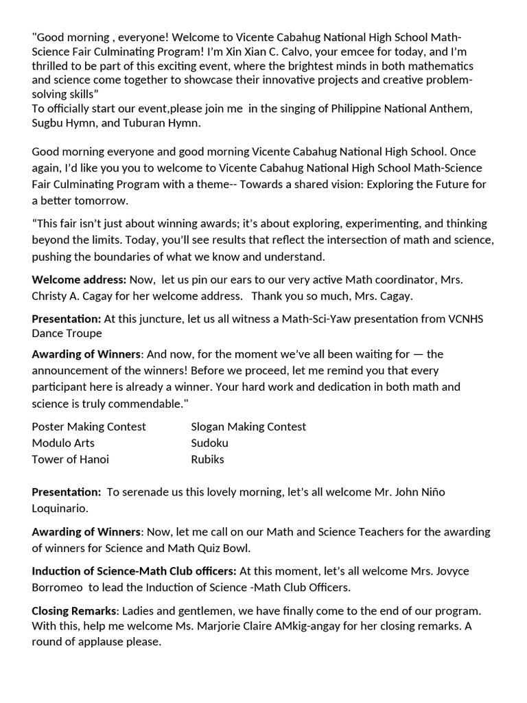 Emcee Script For Math-Science Fair | PDF