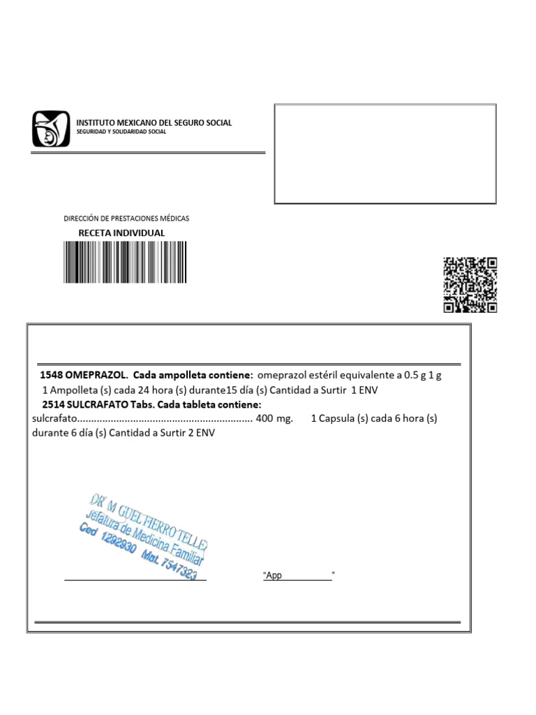 Receta Médica IMSS para Omeprazol y Sulcrafato | PDF