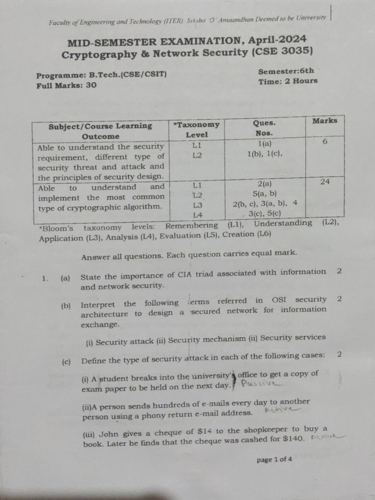 Cryptography Midsem 2024 6th Sem | PDF | Cipher | Secrecy