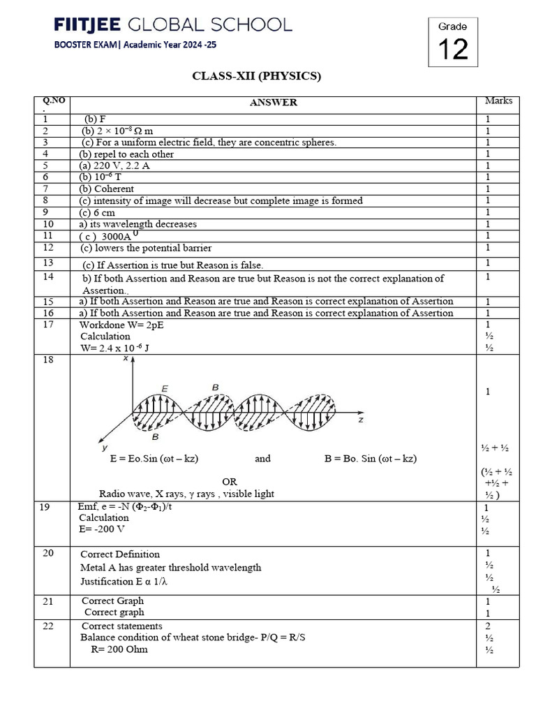 G12 Phy Booster Exam Ans Key | PDF