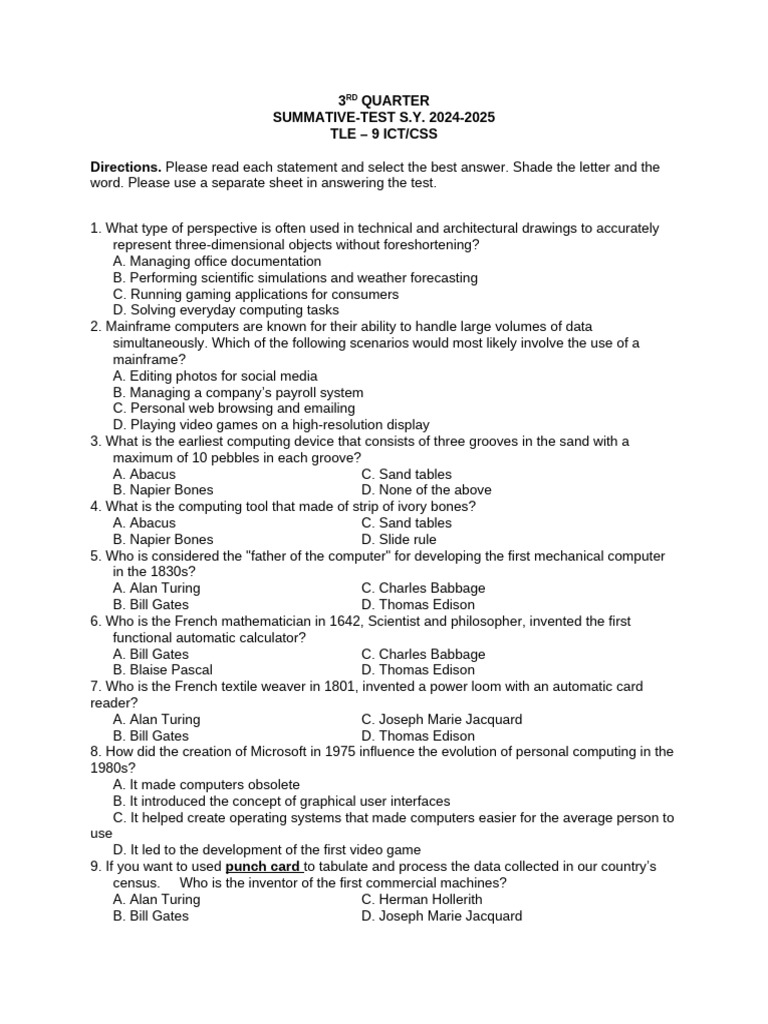 TLE 9 ICT/CSS 3rd Quarter Test | PDF | Personal Computers | Input/Output