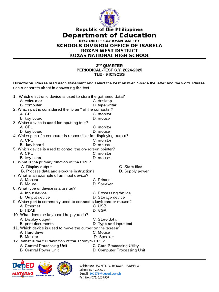 TLE 9 ICT Periodical Test S.Y. 2024-2025 | PDF | Personal Computers ...