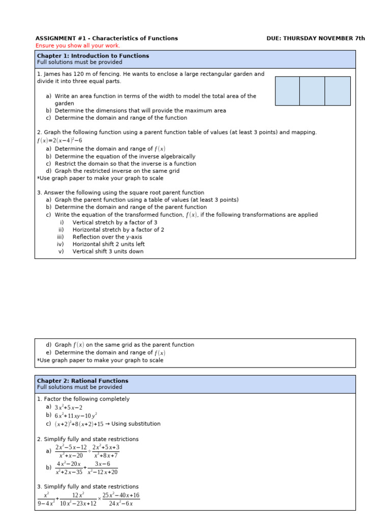 Functions - Assignment 1 (Chapters 1, 2, 3) | PDF | Function (Mathematics) | Quadratic Equation