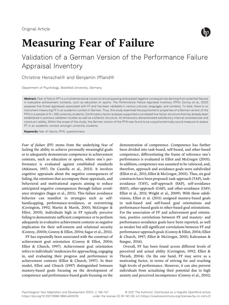 P - Measuring Fear of Failure - Validation of A German Version of The ...
