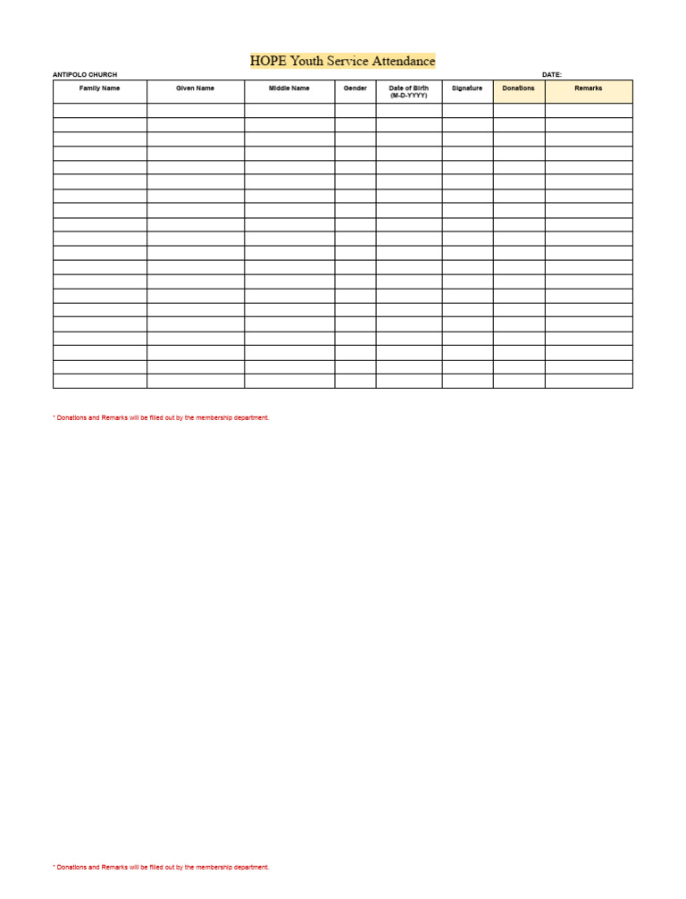 HOPE Youth Service Attendance Log | PDF