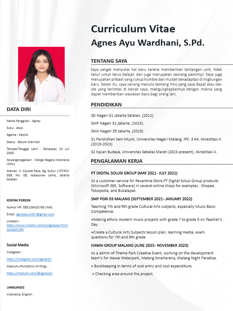 CV Agnes Ayu Wardhani: Pendidik Seni Musik Berprestasi | PDF