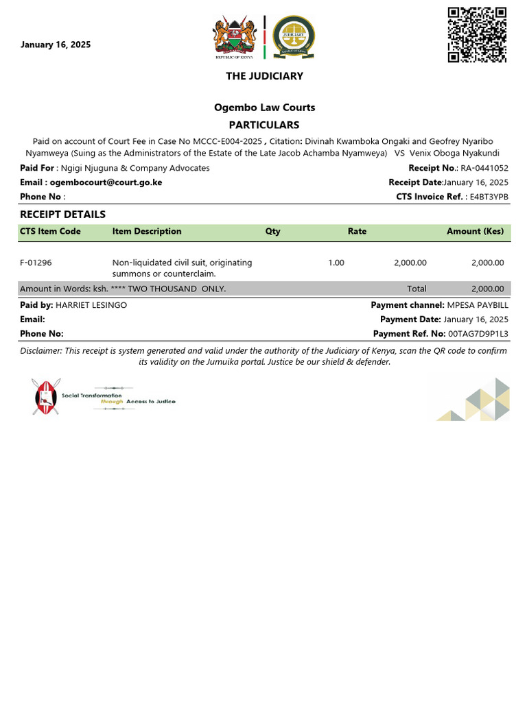 Ogembo CMCC E004 of 2025 Divinah Kwamboka Ongaki & Anor Vs Venix Oboga Nyakundi & 2 Ors | PDF ...