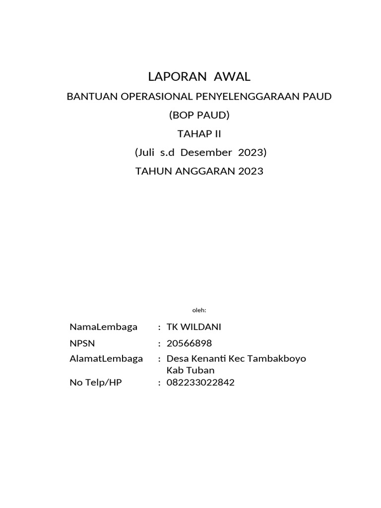 Laporan BOP PAUD TK Wildani 2023 | PDF
