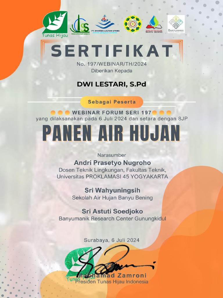 Piagam Webinar 197 Panen Air Hujan - DWI LESTARI, S.Pd | PDF