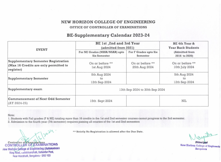 BE Supplementary Calendar 2024 | PDF