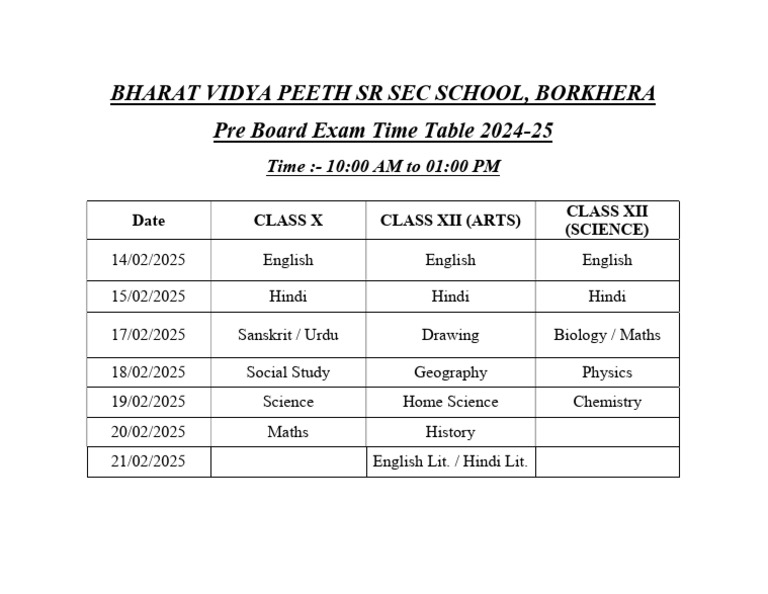 BVP School Pre Board Exam Schedule 2024-25 | PDF
