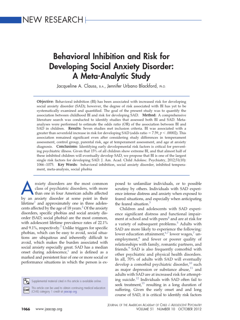 P - Behavioral Inhibition and Risk For Developing Social Anxiety ...