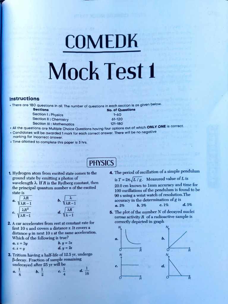 COMEDK MOCK TEST 1 | PDF