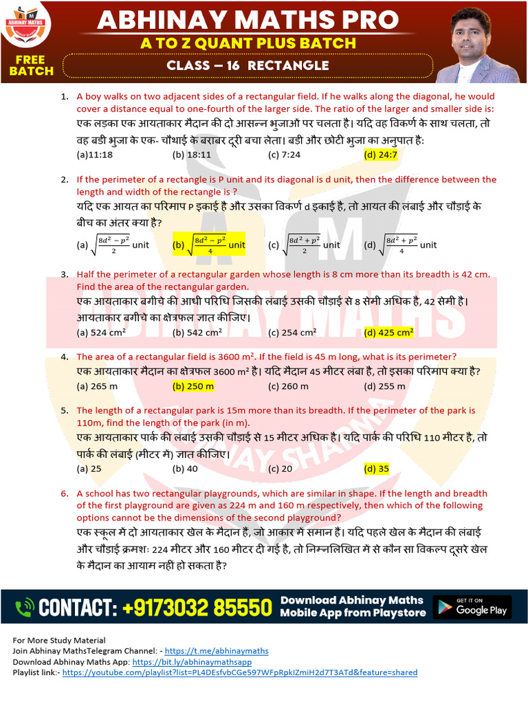 CLASS - 16 Geometry (Rectangle) A to Z Quant Plus Batch | PDF