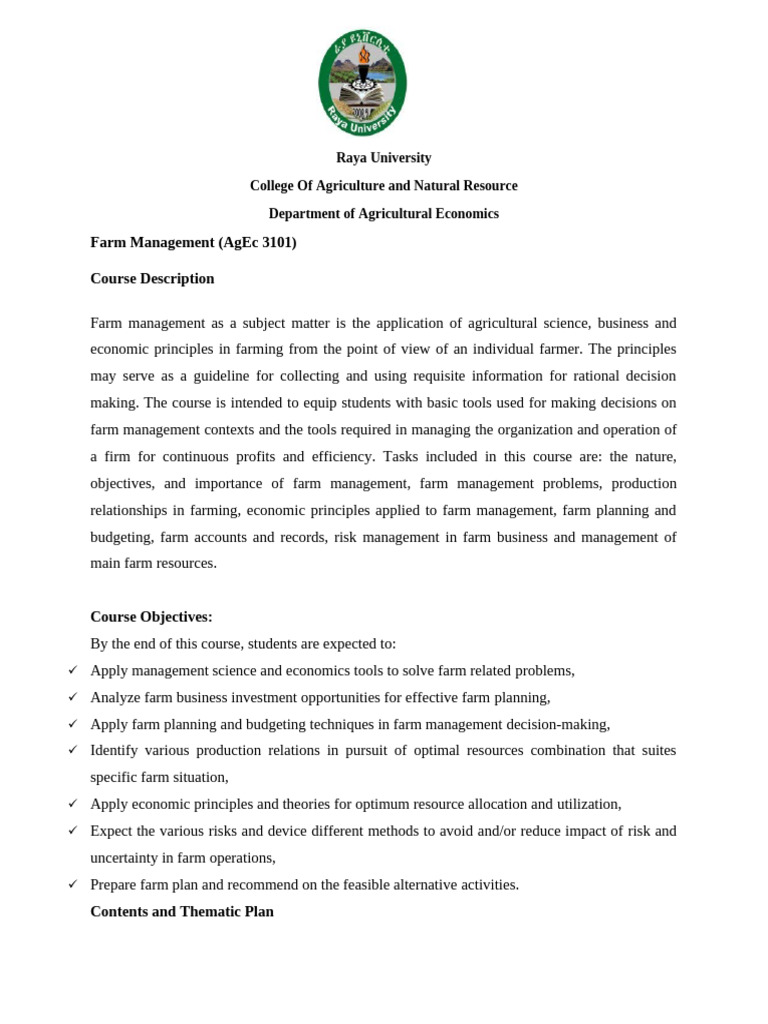 Farm Management Course Overview | PDF | Economics | Risk