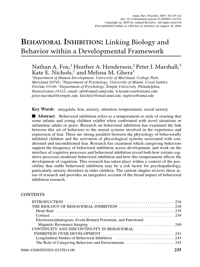 P - Behavioral Inhibition Linking Biology and Behavior Withina ...