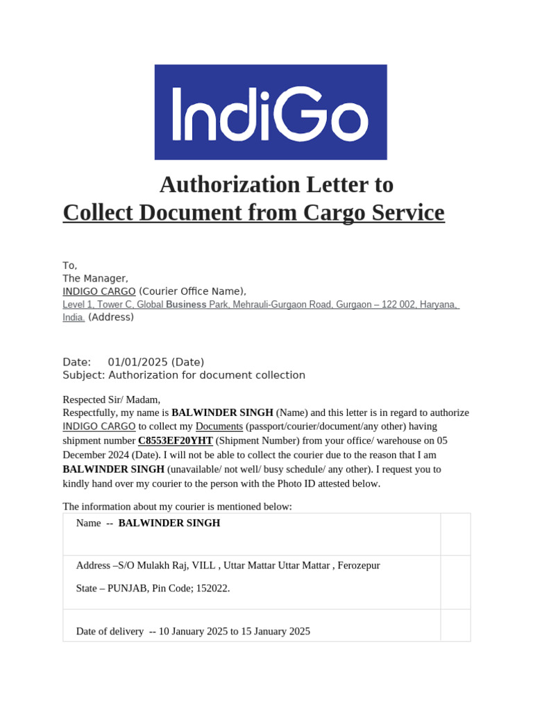 Authorization Letter for Cargo Pickup | PDF