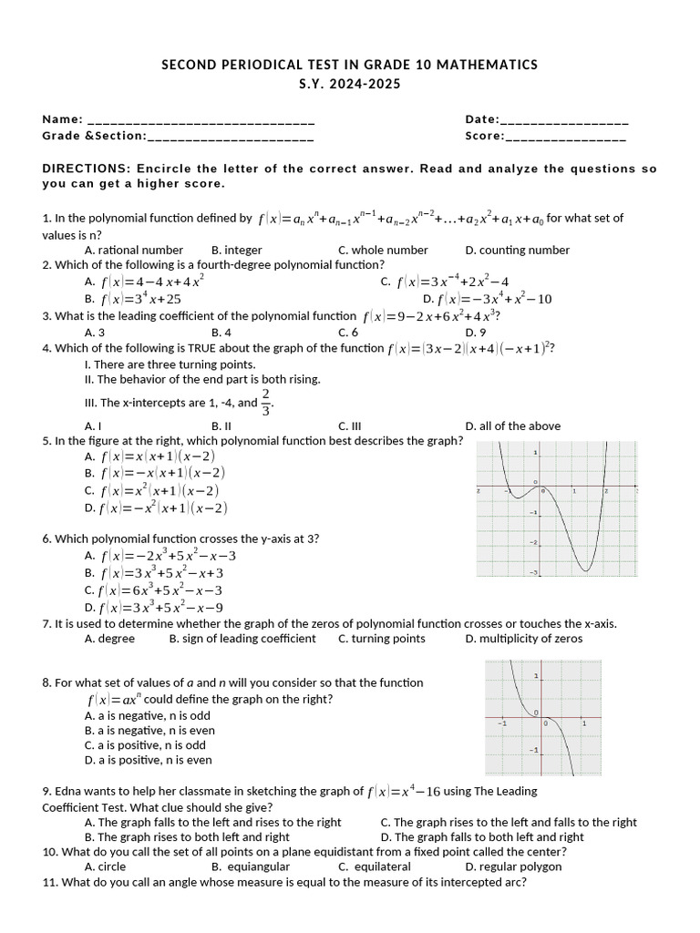 2nd Periodical Test in Math 10 | PDF | Circle | Polynomial