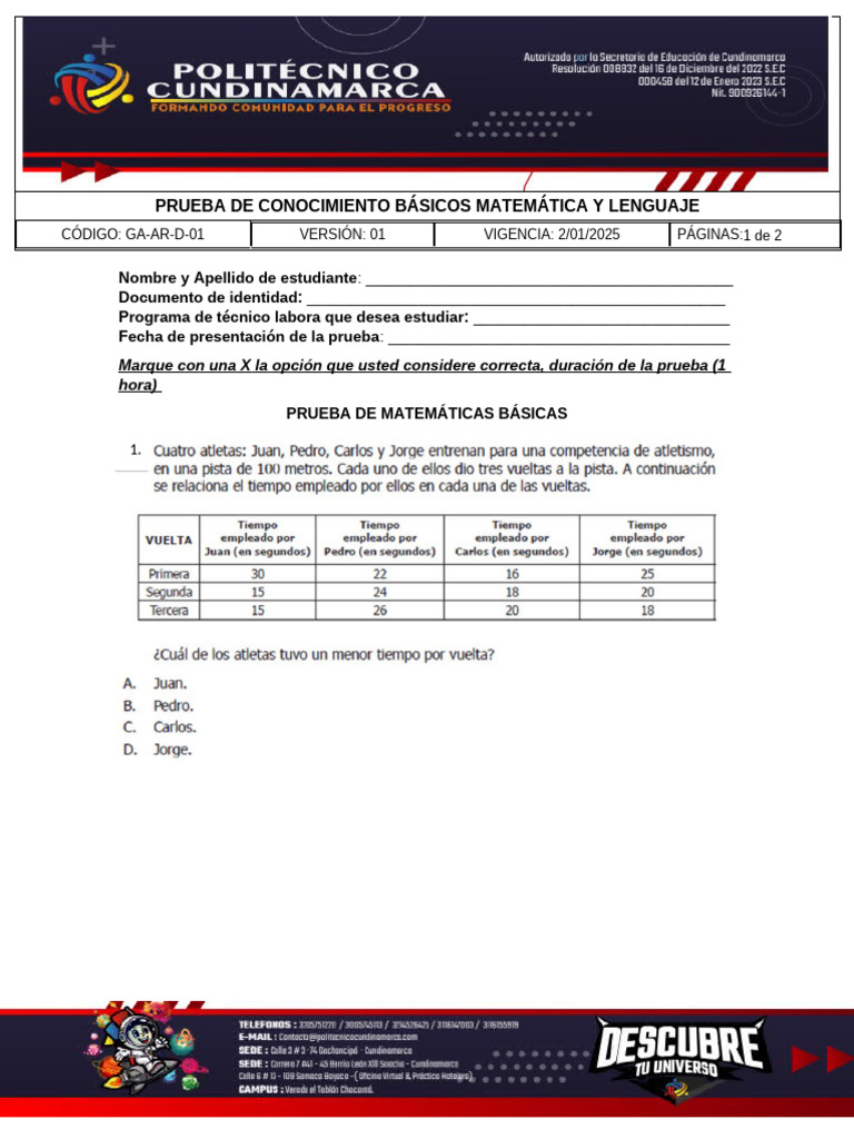 GA-AR-DOC-01 PRUEBA DE CONOCIMIENTOS BASICOS PARA ESTUDIANTES D-01 (1 ...