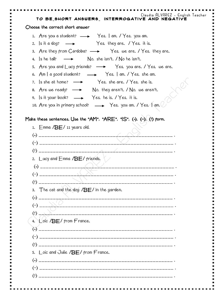 To Be Short Answers Exercises | PDF