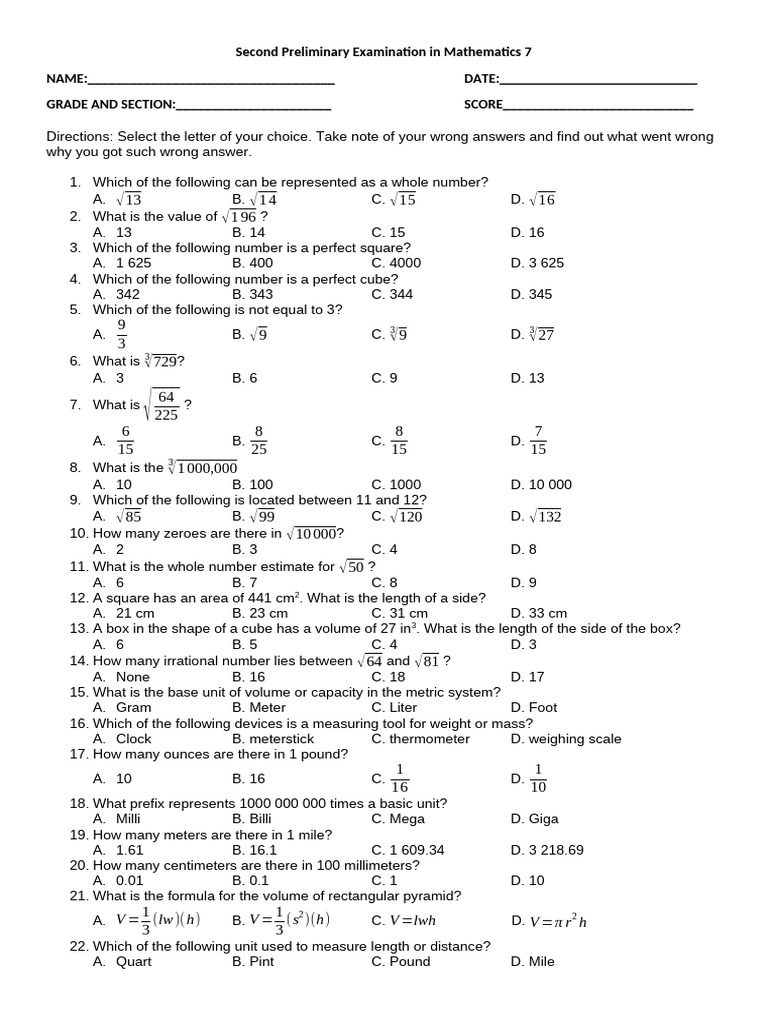 2nd G7 - Preliminary Examination | PDF | Volume | Gallon