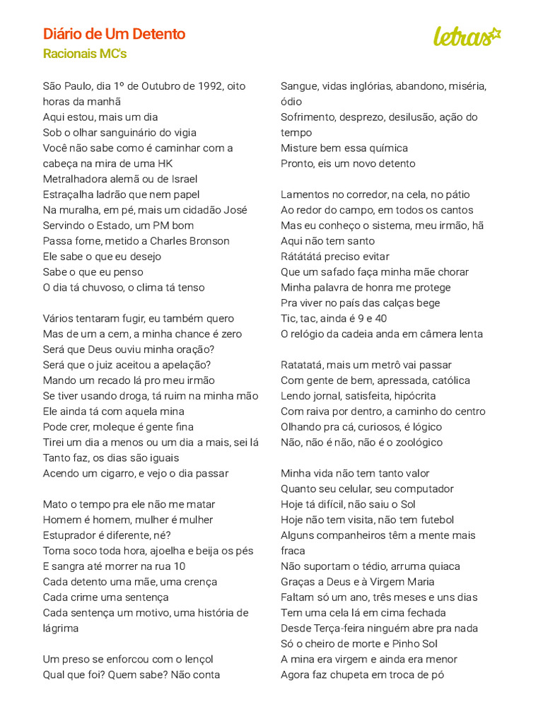 DIÁRIO DE UM DETENTO - Racionais MC's (Impressão) | PDF