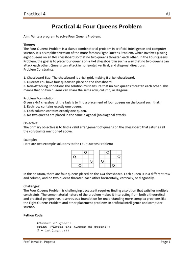 4 - Four Queens Problem | PDF | Algorithms | Mathematics