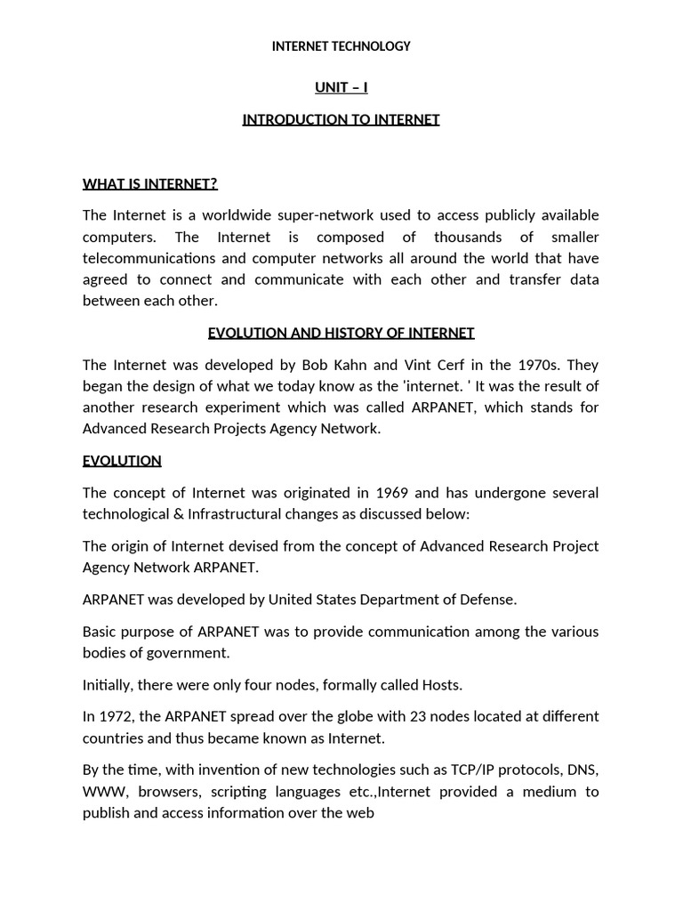 UNIT - I -INTERNET TECHNOLOGY | PDF | Computer Network | Internet