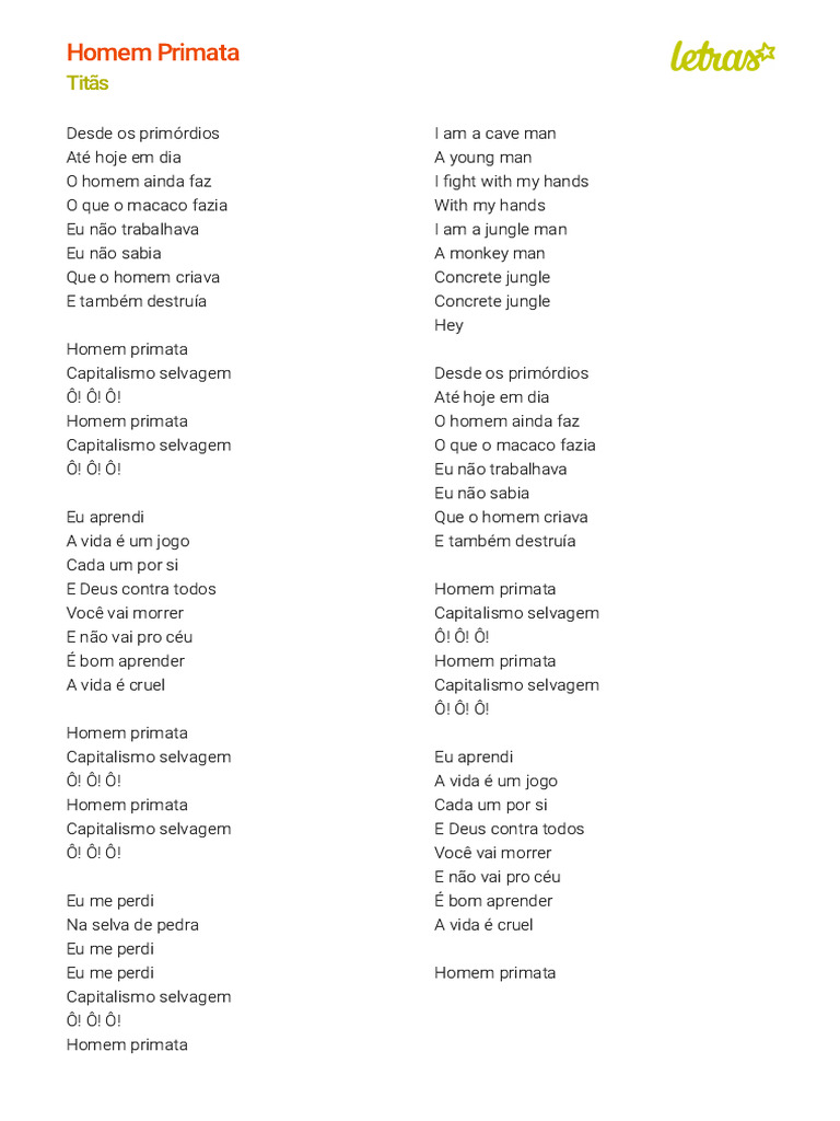 HOMEM PRIMATA - Titãs (Impressão) | PDF