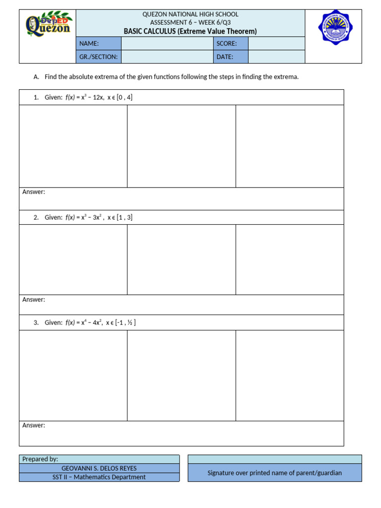 Extreme Value Theorem Calculus Assessment | PDF