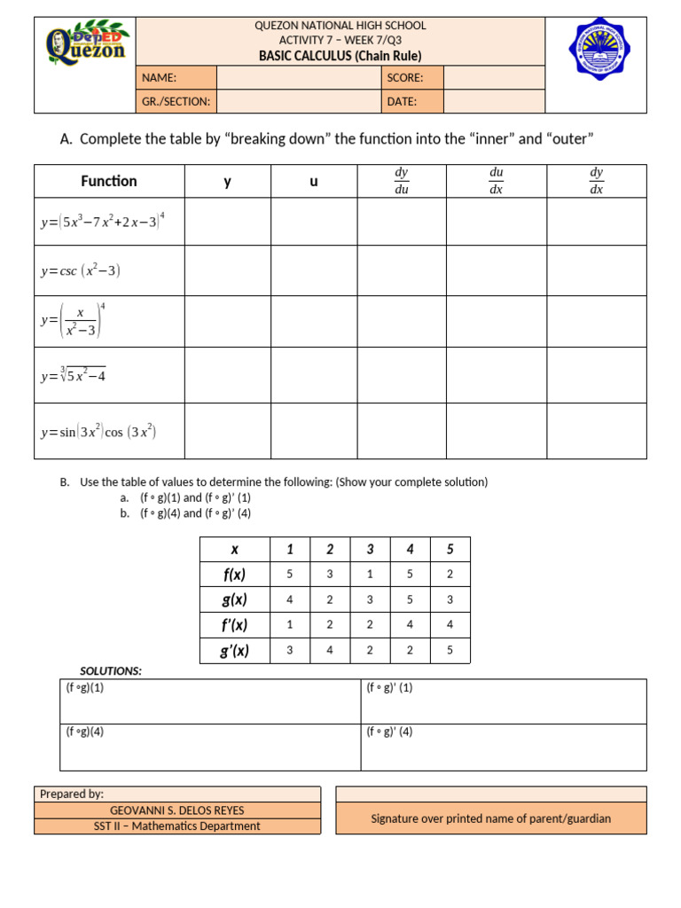 Basic Calculus Chain Rule Activity | PDF