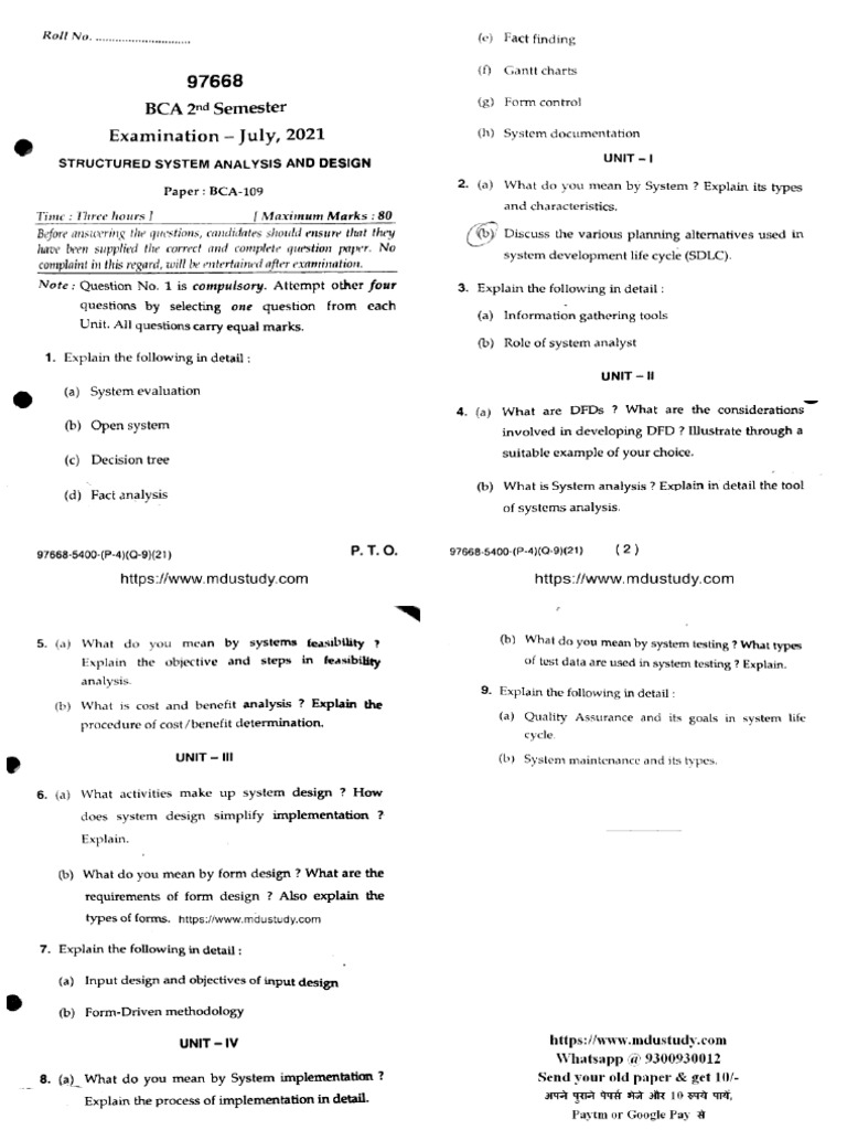 Bca 2 Sem Structured System Analysis and Design 97668 Jul 2021 | PDF
