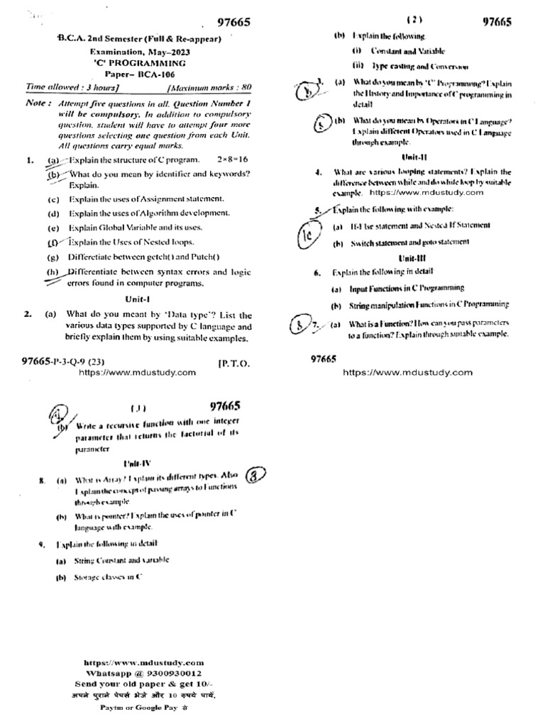 Bca 2 Sem C Programming 97665 May 2023 | PDF