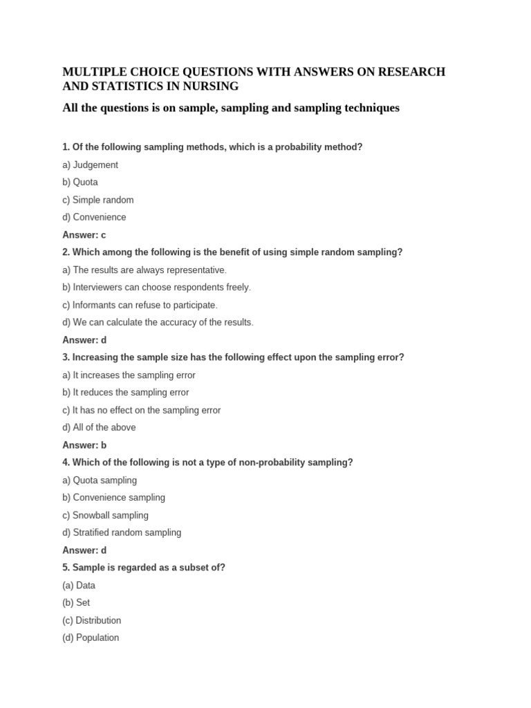 Multiple Choice Questions With Answers on Research and Statistics | PDF ...