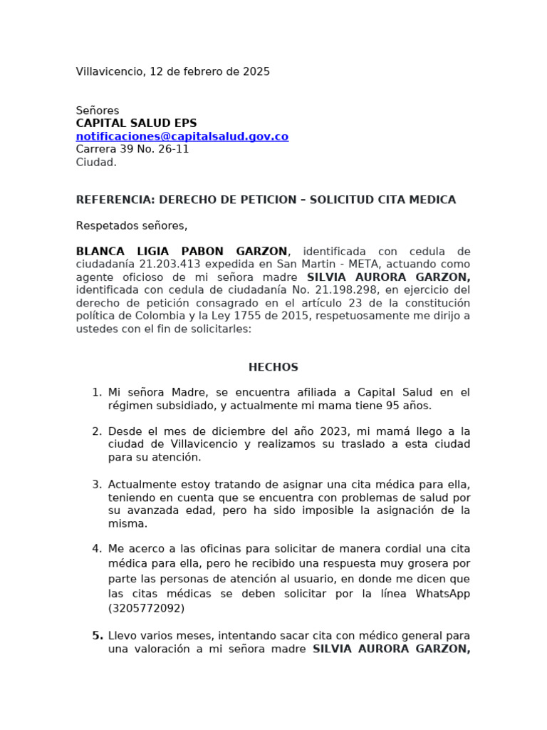 Derecho de Peticion - Solicitud de Cita Medica | PDF