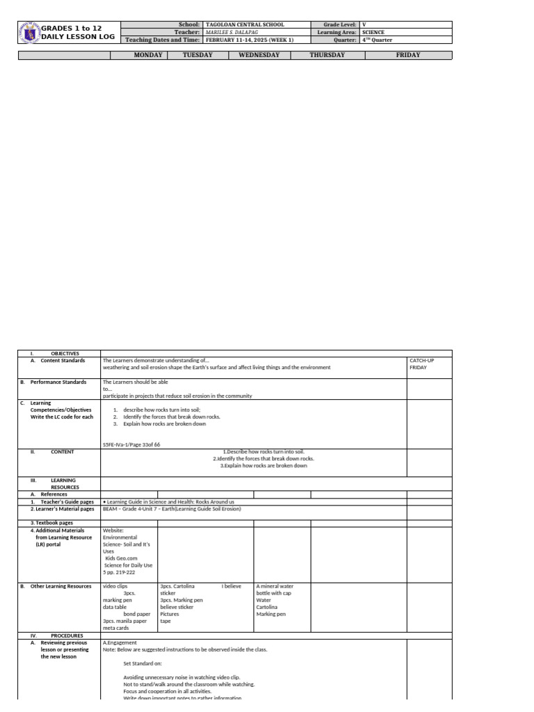 Grade 5 DLL SCIENCE 5 Q4 Week 1 | PDF | Teachers | Soil