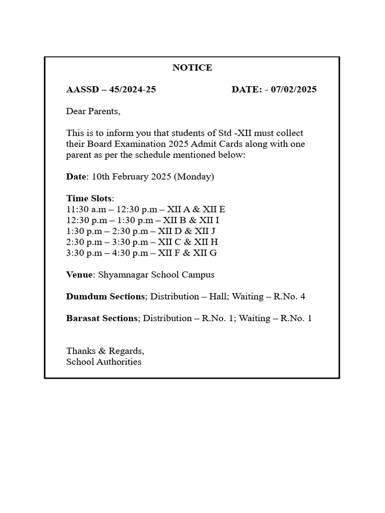 Notice On Admit Cards Collection XII | PDF