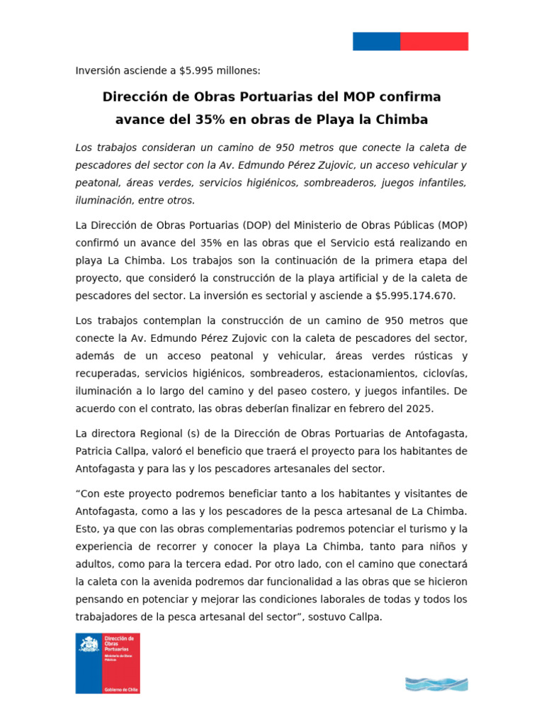 Avance 35% en Obras Playa La Chimba | PDF