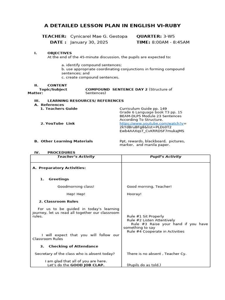 7th Lesson Plan Printed Constructing Compound Sentences | PDF ...