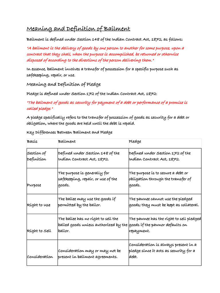 Meaning and Definition of Bailment | PDF | Debt | Loans
