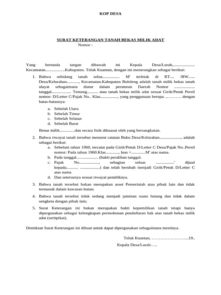 Surat Keterangan Tanah Bekas Milik Adat | PDF