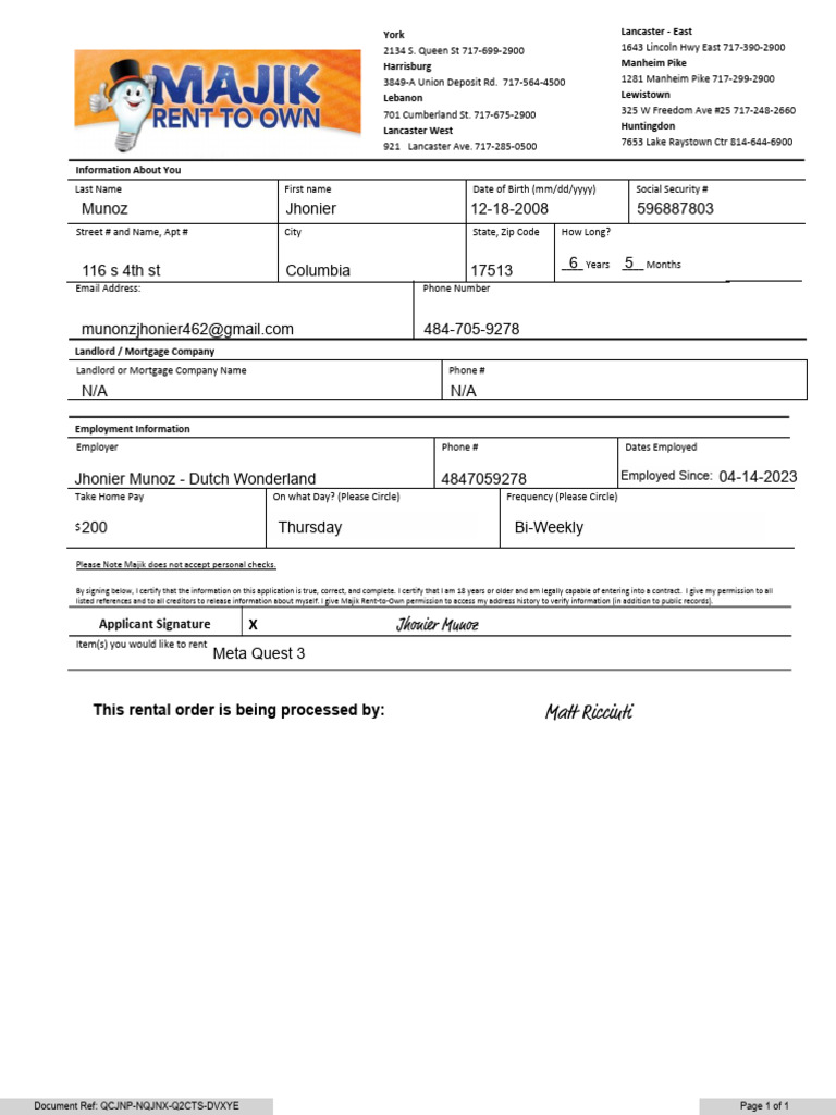 Rental Order Form 2023 - Jhonier Munoz | PDF